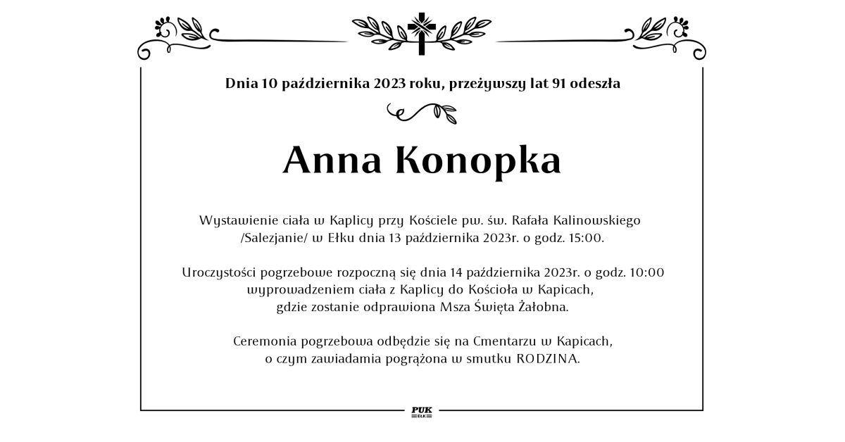 Anna Konopka - nekrolog i kondolencje | Zakład Usług Pogrzebowych | P.U ...