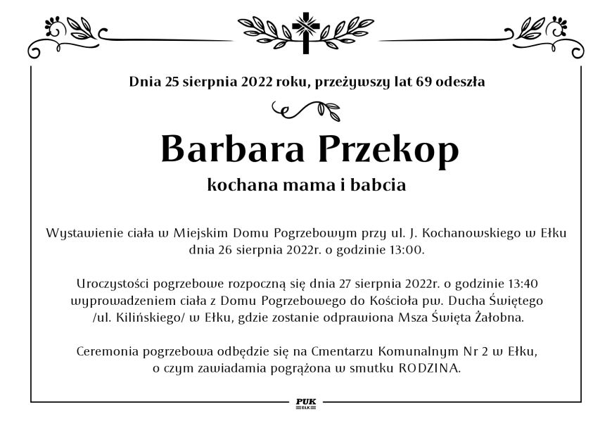 Barbara Przekop - nekrolog i kondolencje | Zakład Usług Pogrzebowych ...