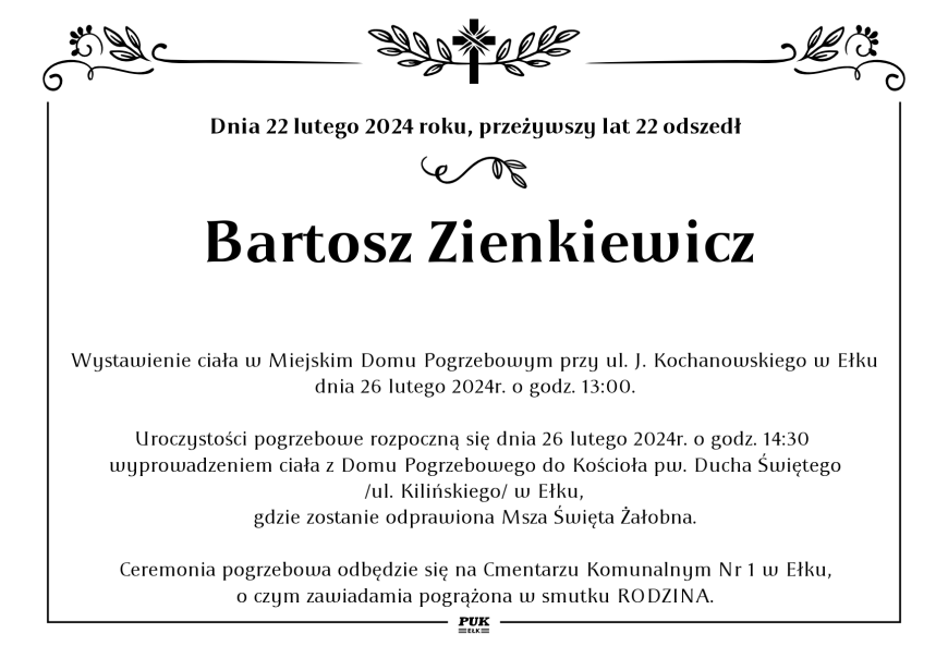 Bartosz Zienkiewicz - nekrolog i kondolencje | Zakład Usług ...