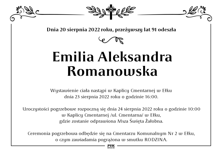 Emilia Aleksandra Romanowska - nekrolog i kondolencje | Zakład Usług ...