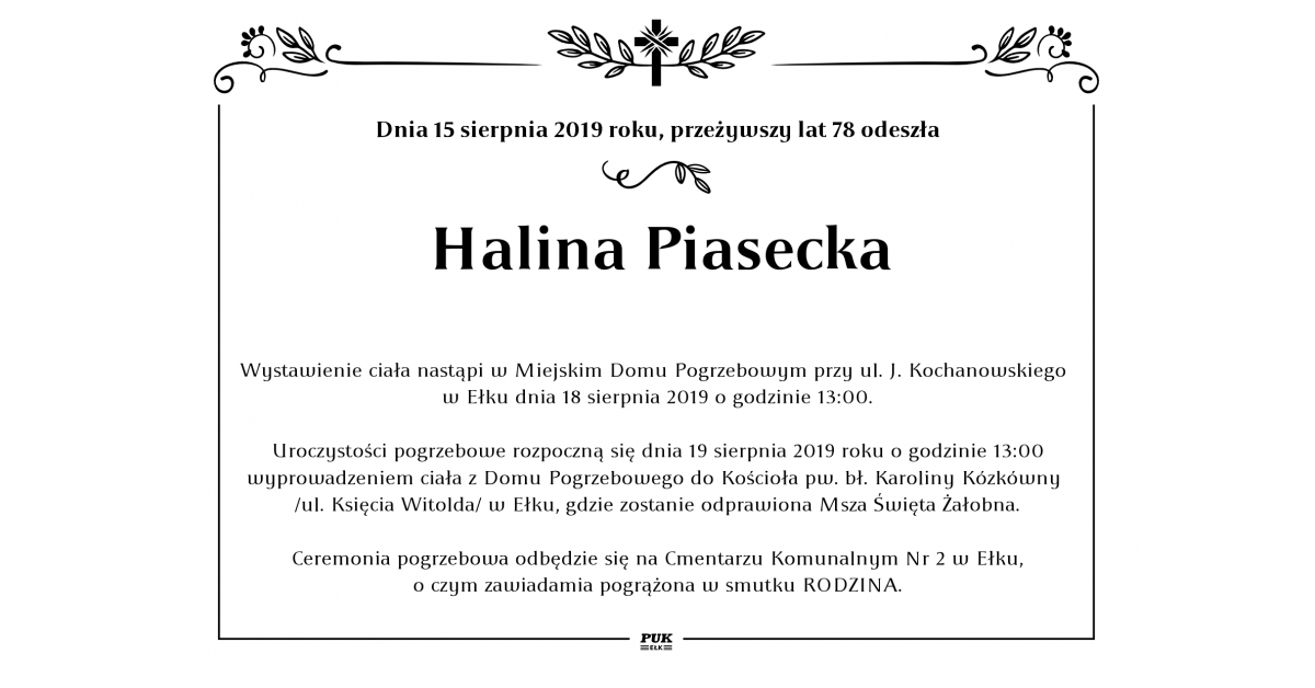 Halina Piasecka - nekrolog i kondolencje | Zakład Usług Pogrzebowych ...