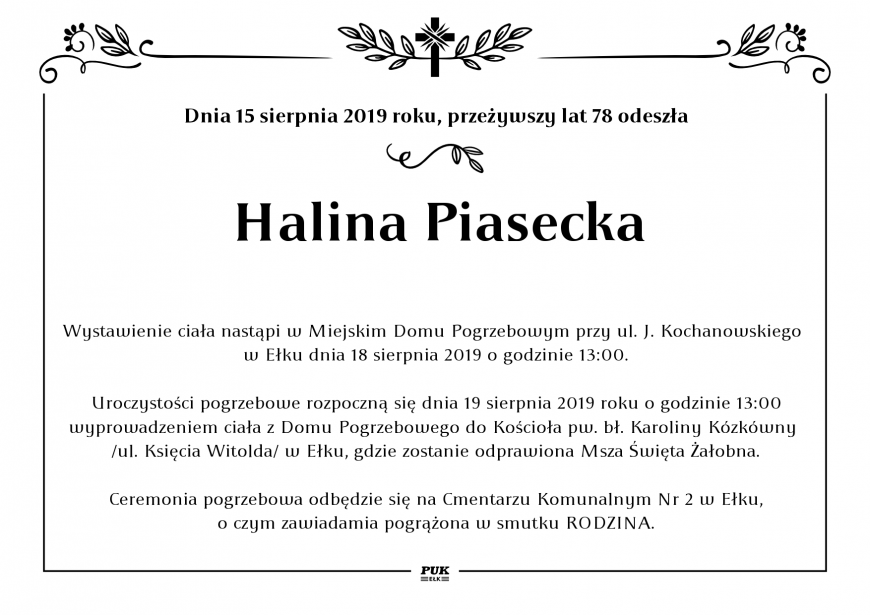 Halina Piasecka - nekrolog i kondolencje | Zakład Usług Pogrzebowych ...