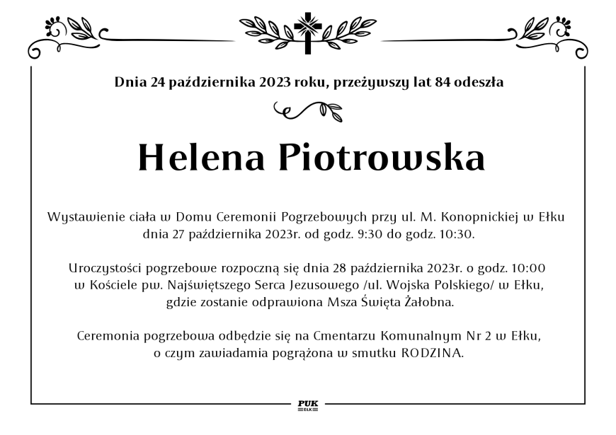 Helena Piotrowska - nekrolog i kondolencje | Zakład Usług Pogrzebowych ...