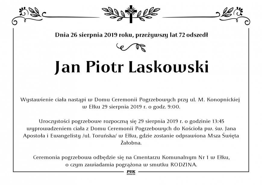 Jan Piotr Laskowski - nekrolog i kondolencje | Zakład Usług ...