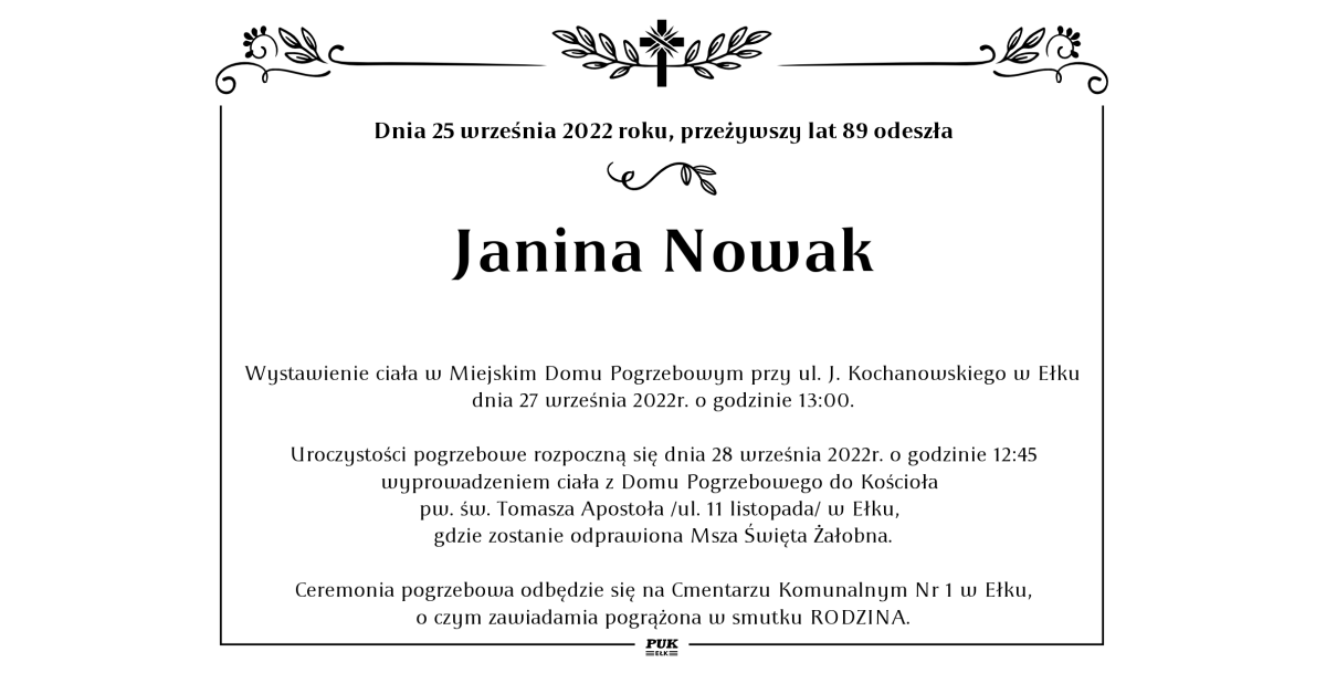 Janina Nowak - nekrolog i kondolencje | Zakład Usług Pogrzebowych | P.U ...