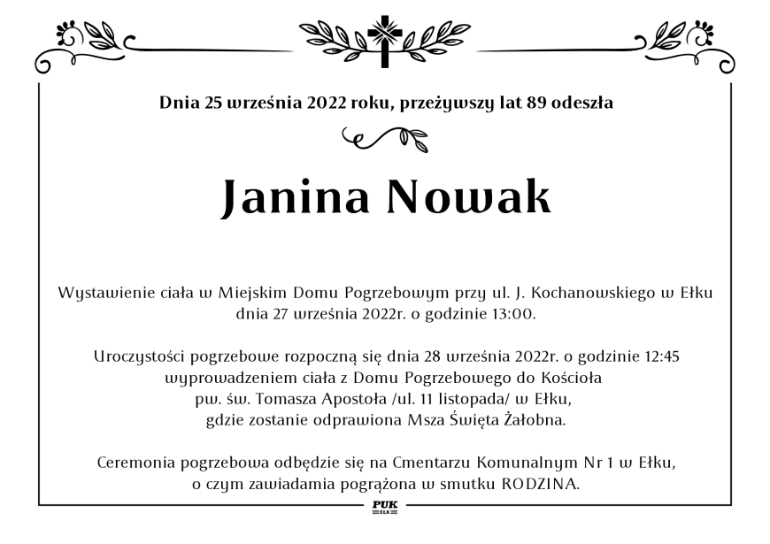 Janina Nowak - nekrolog i kondolencje | Zakład Usług Pogrzebowych | P.U ...