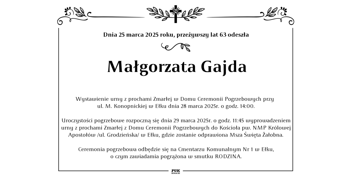 Małgorzata Gajda - nekrolog i kondolencje | Zakład Usług Pogrzebowych ...