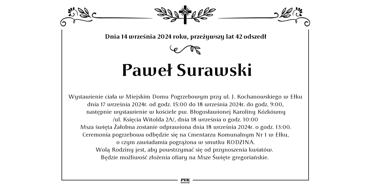 Paweł Surawski - nekrolog i kondolencje | Zakład Usług Pogrzebowych | P ...