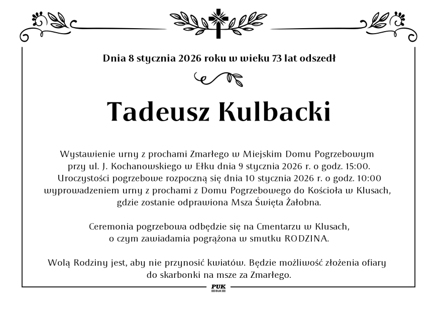 Tadeusz Kulbacki - nekrolog i kondolencje | Zakład Usług Pogrzebowych ...
