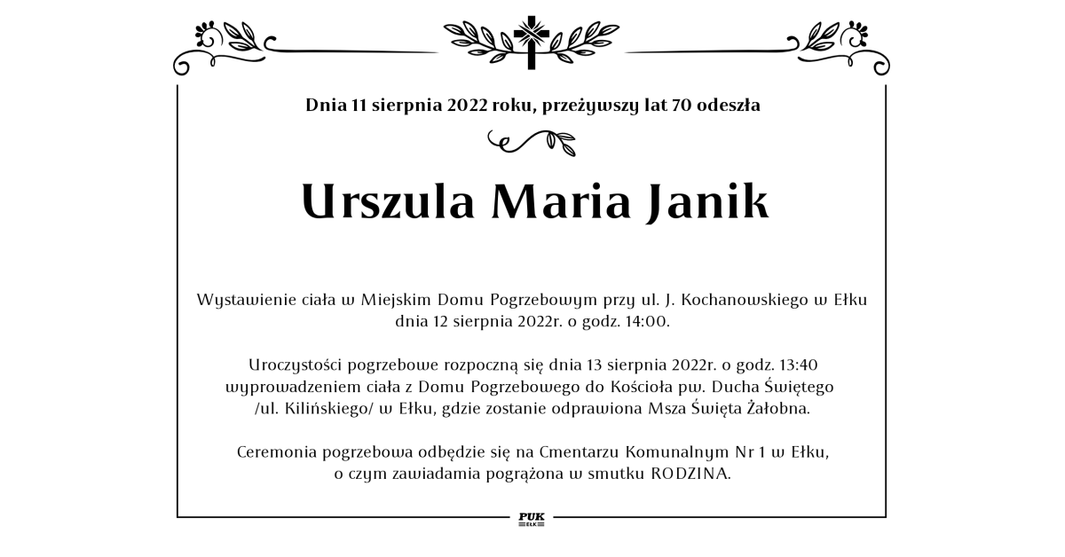 Urszula Maria Janik - nekrolog i kondolencje | Zakład Usług ...
