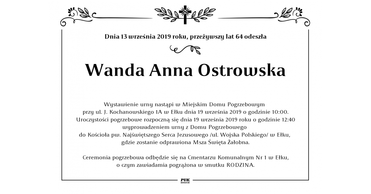 Wanda Anna Ostrowska - nekrolog i kondolencje | Zakład Usług ...