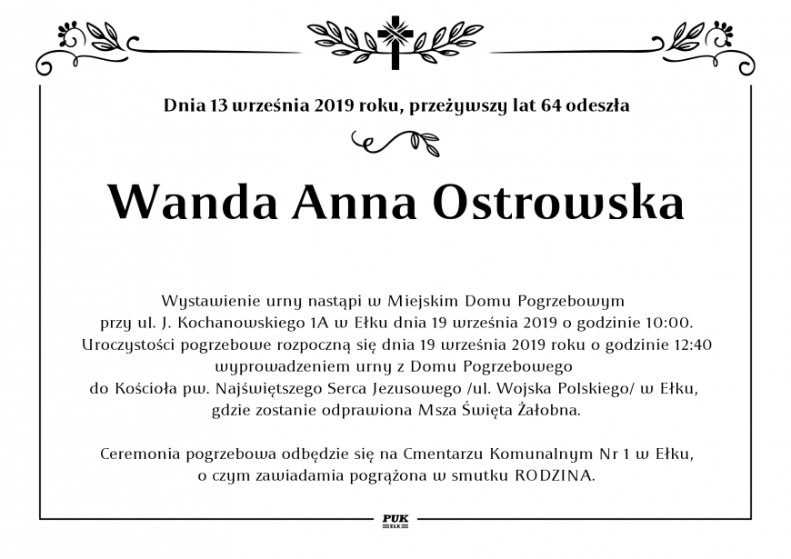 Wanda Anna Ostrowska - nekrolog i kondolencje | Zakład Usług ...